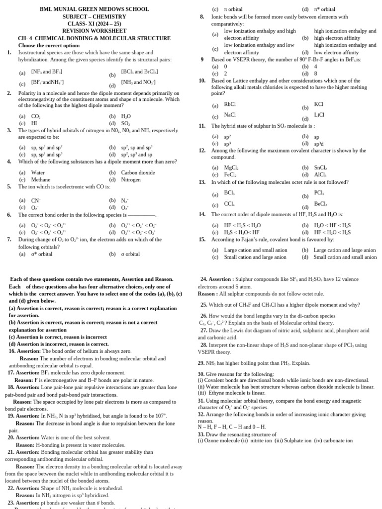 Xi CH 4 Chemistry Revision Worksheet | PDF | Chemical Polarity ...