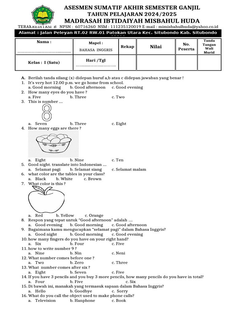 Kop Soal ASAS Ganjil Bahasa Inggris Kelas 1 Tapel 2024-2025 | PDF | Chess Theory | Chess