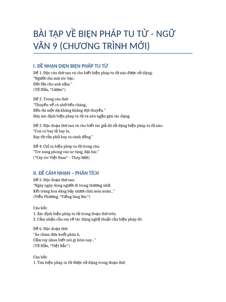 Bai Tap Bien Phap Tu Tu Ngu Van 9 Co Dap An | PDF