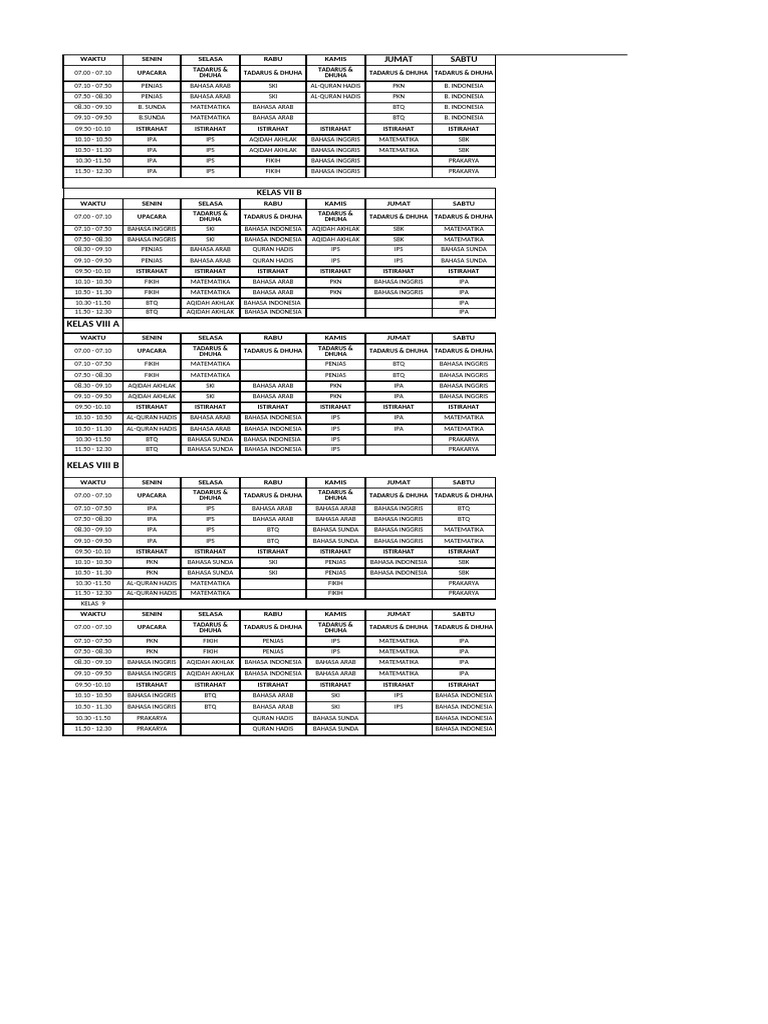 Jadwal Pelajaran MTs Al Mukhtariyah | PDF