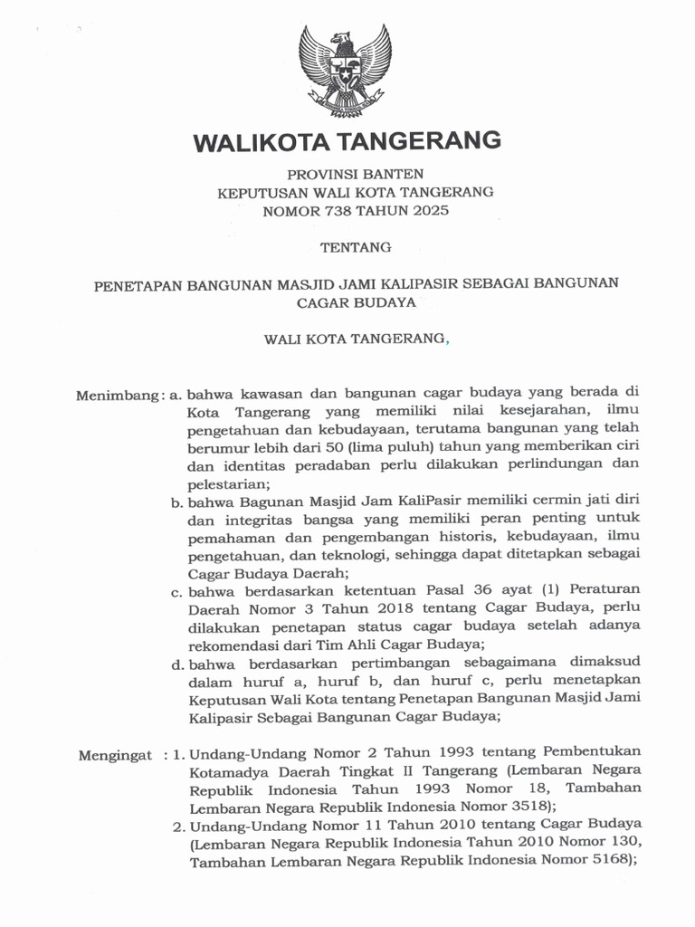 KepWal-CB 738 Tahun 2025 Penetapan Bangunan Mesjid Kali Pasir SBG ...