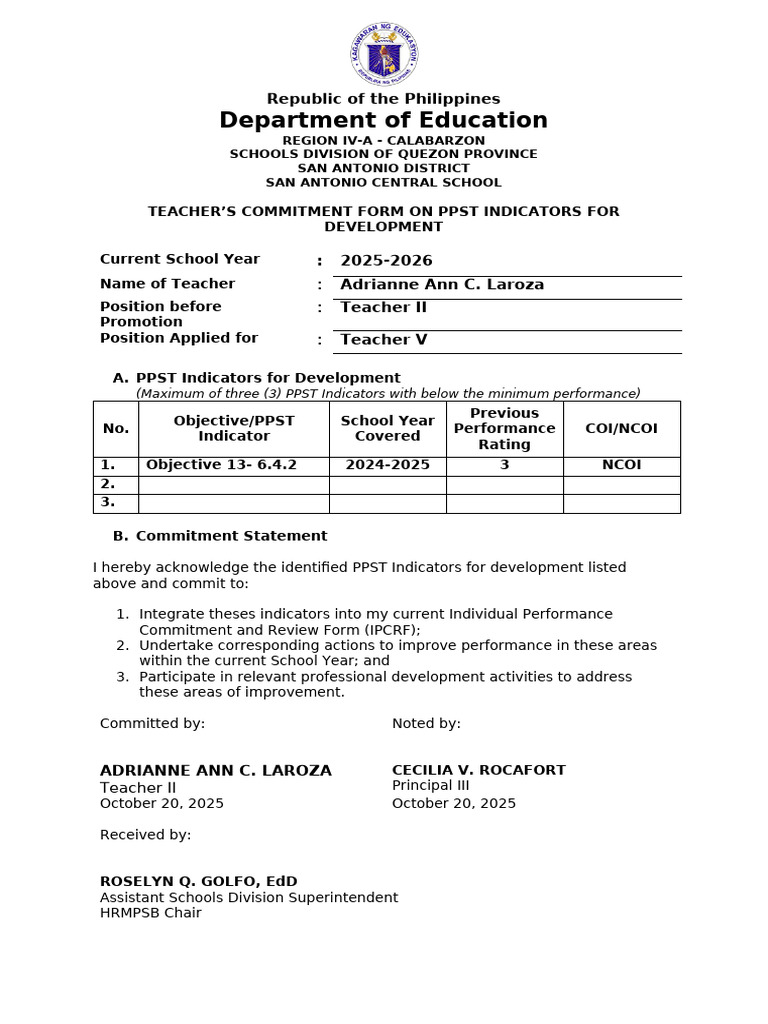 Teachers Commitment Form Editable | PDF