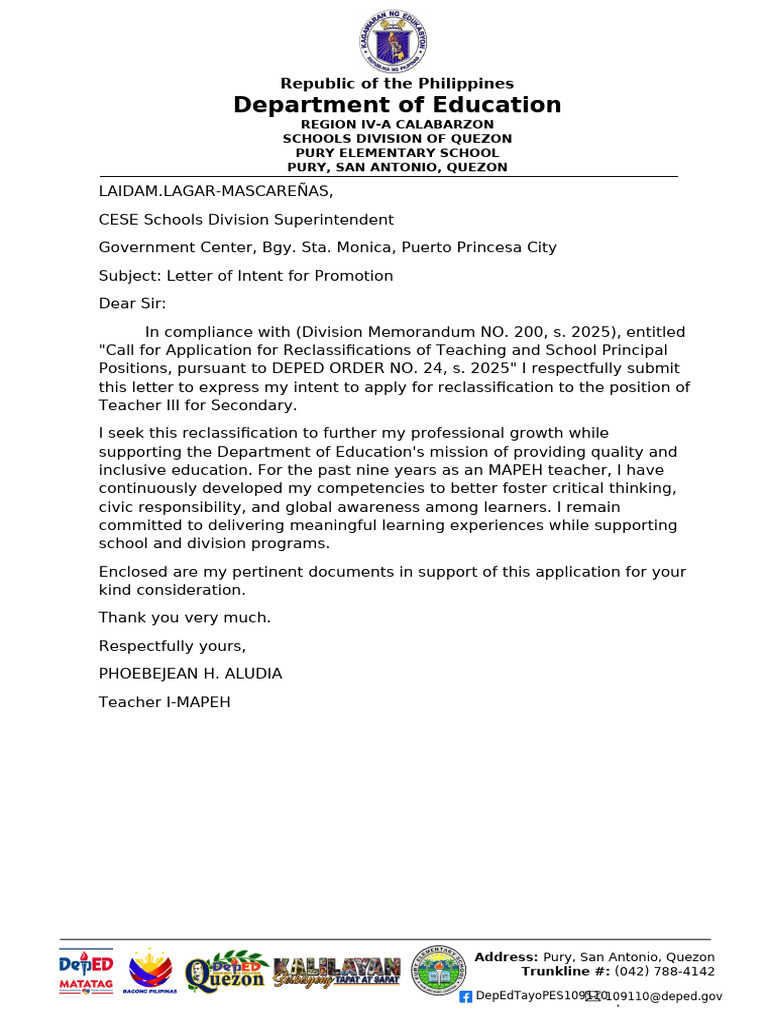 Letter of Intent Reclass | PDF