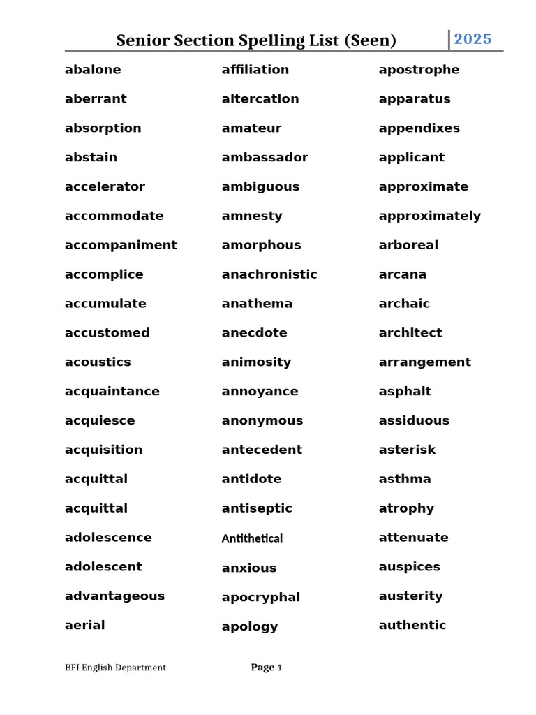 Senior Spelling List 2025 | PDF