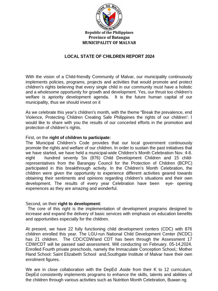 Malvar Local State of Children Report 2024 | PDF | Malnutrition | Vaccines