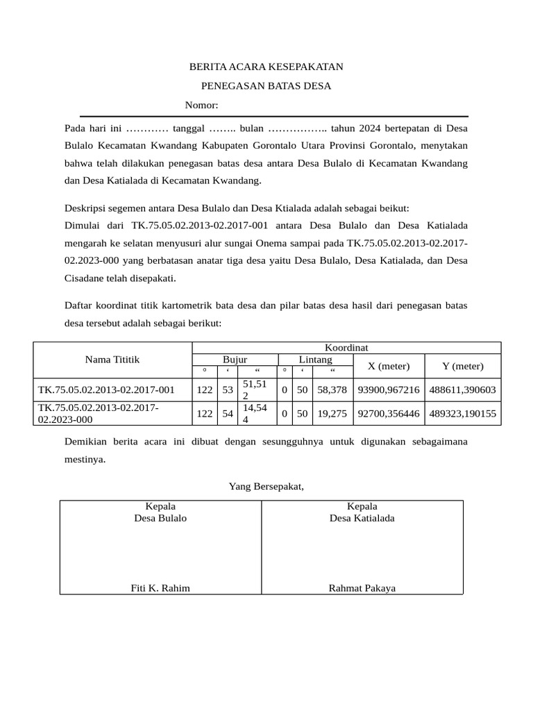 BA Form 7 Desa Bulalo (Kesepakatan Penegasan Batas Desa) | PDF