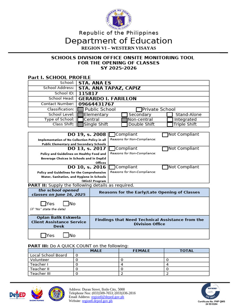 Monitoring Tool for School Opening 2025-2026 | PDF