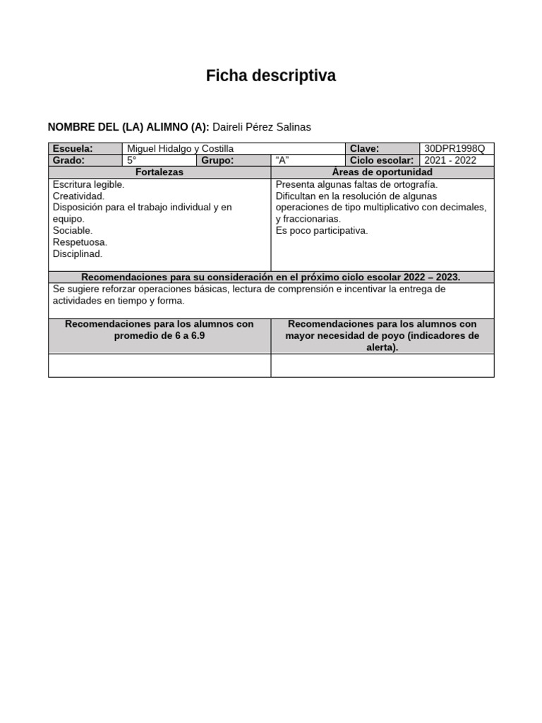 Ficha Descriptiva | PDF | Aprendizaje | Escritura