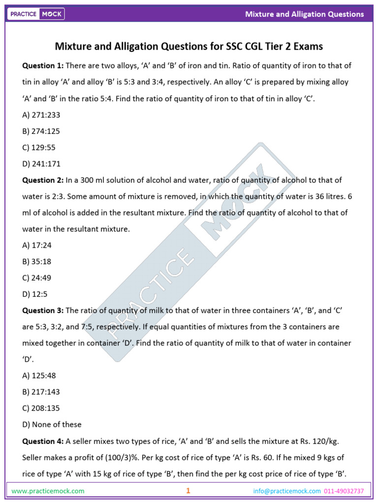 SSC CGL Mixture and Alligation Questions | PDF | Ratio | Volume