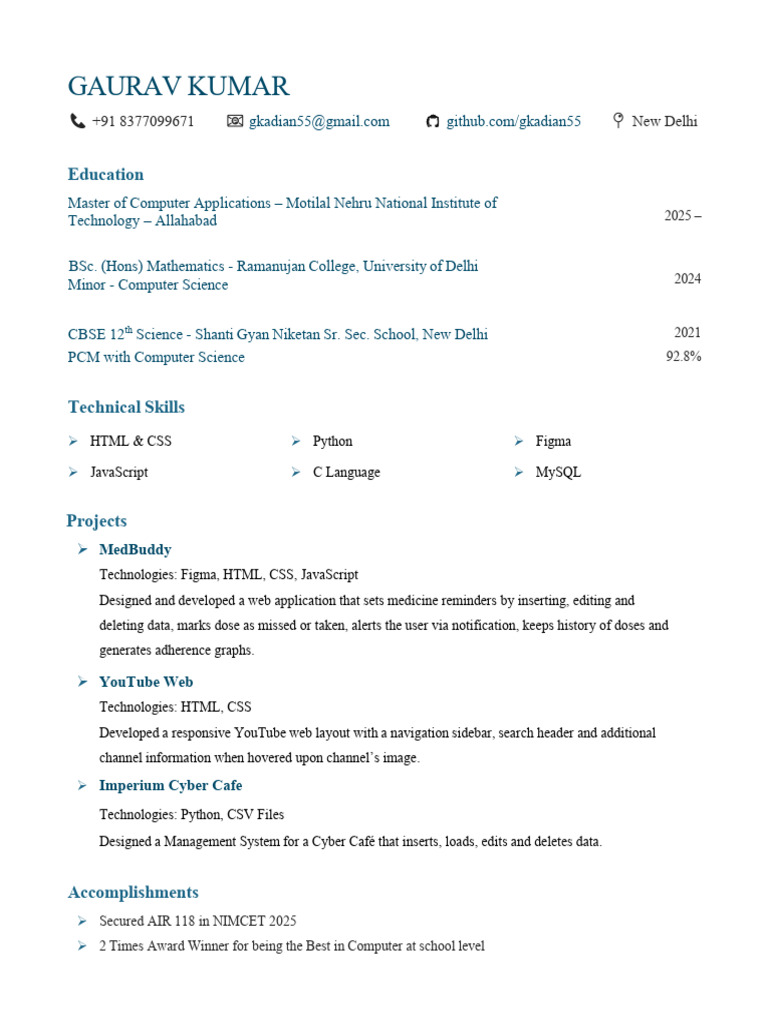 Gaurav Kumar's Tech Resume & Projects | PDF