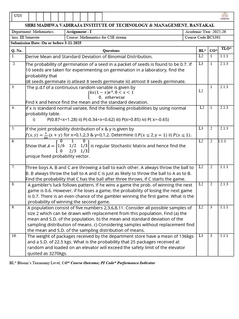 Assignment-1 For CSE (BCS301) | PDF | Standard Deviation | Probability ...