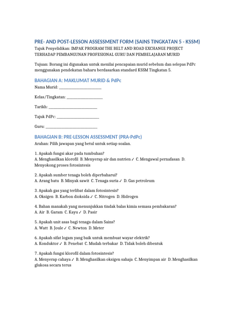 Pre Post Lesson Assessment Sains T5 KSSM Objective | PDF
