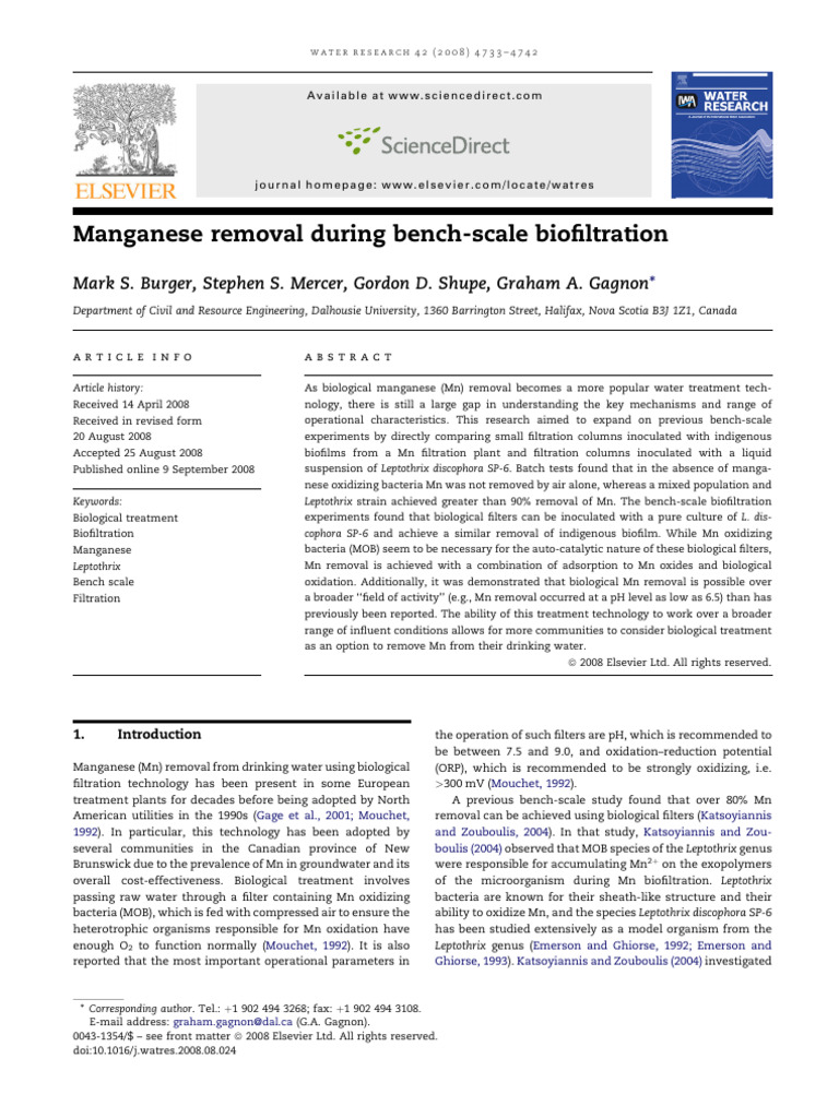 Manganese Removal During Bench-Scale Biofiltration | PDF | Filtration ...