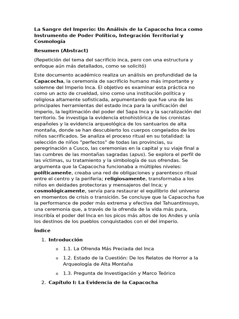 La Sangre Del Imperio Un Análisis de La Capacocha Inca Como Instrumento ...
