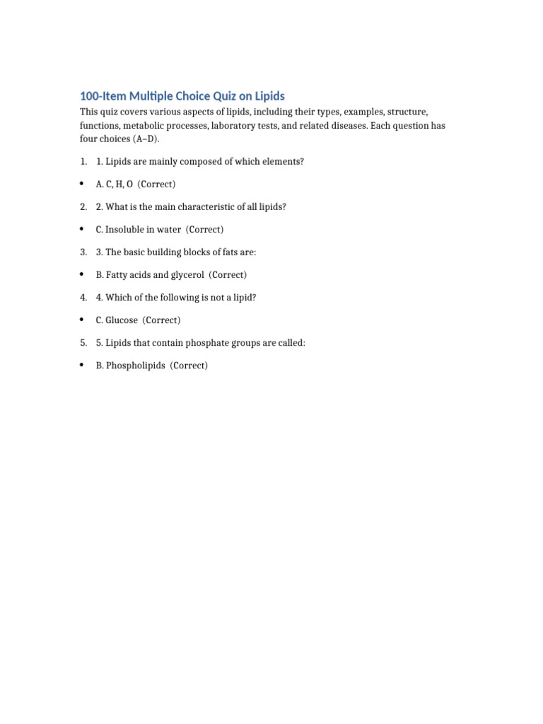 Lipids 100 Item Quiz and Answer Key | PDF