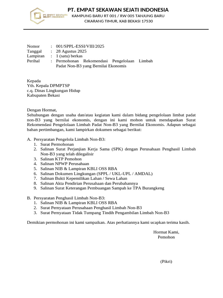 Permohonan Rekomendasi Limbah Non-B3 | PDF
