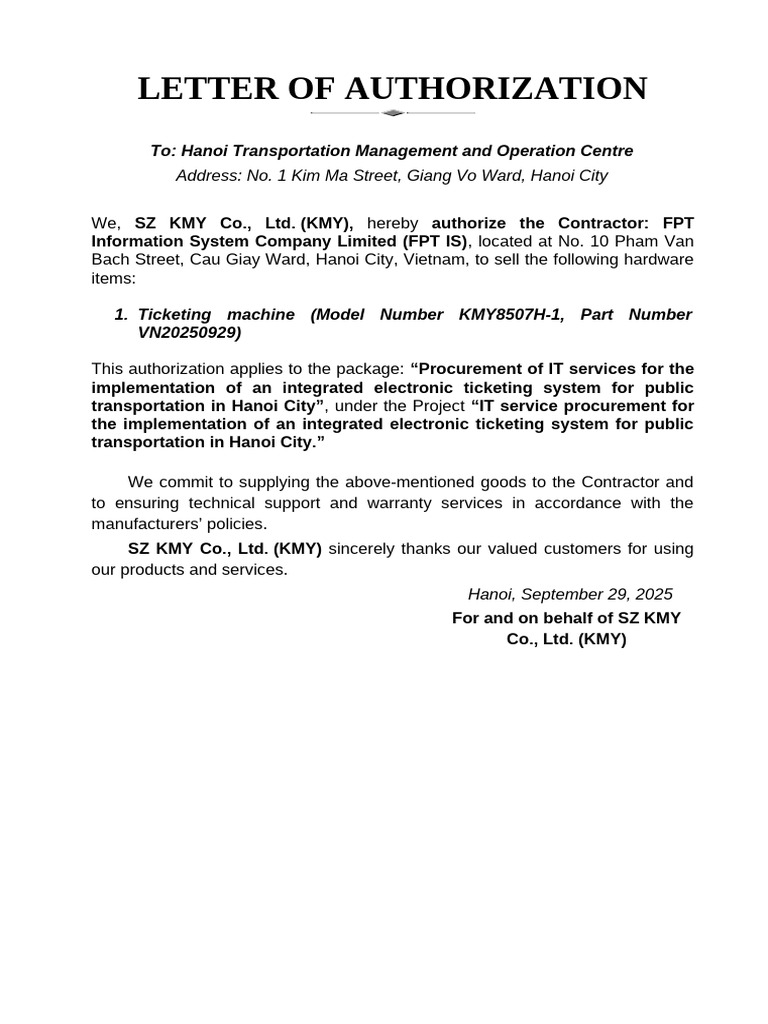 Letter of Authorization - FPT | PDF