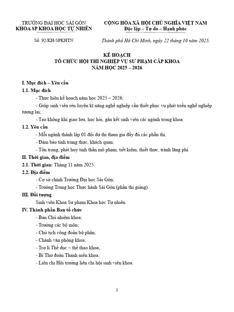 2025 2026 SPKHTN Ke Hoach Hoi Thi Nghiêp Vu Su Pham Cap Khoa Nam Hoc | PDF