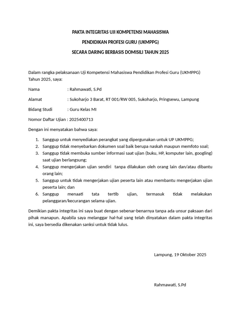 Pakta Integritas Uji Kompetensi Mahasiswa | PDF