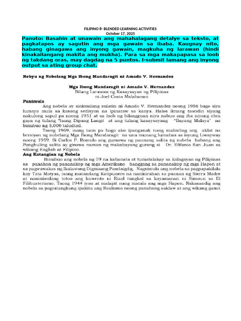 Filipino 8 Blended Learning Activity 10-17-2025 1 | PDF