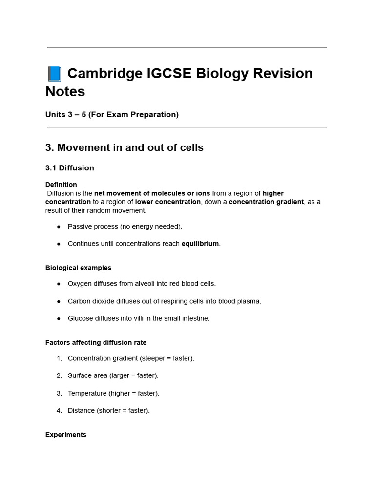 IGCSE Biology Revision Notes: Units 3-5 | PDF | Carbohydrates | Diffusion