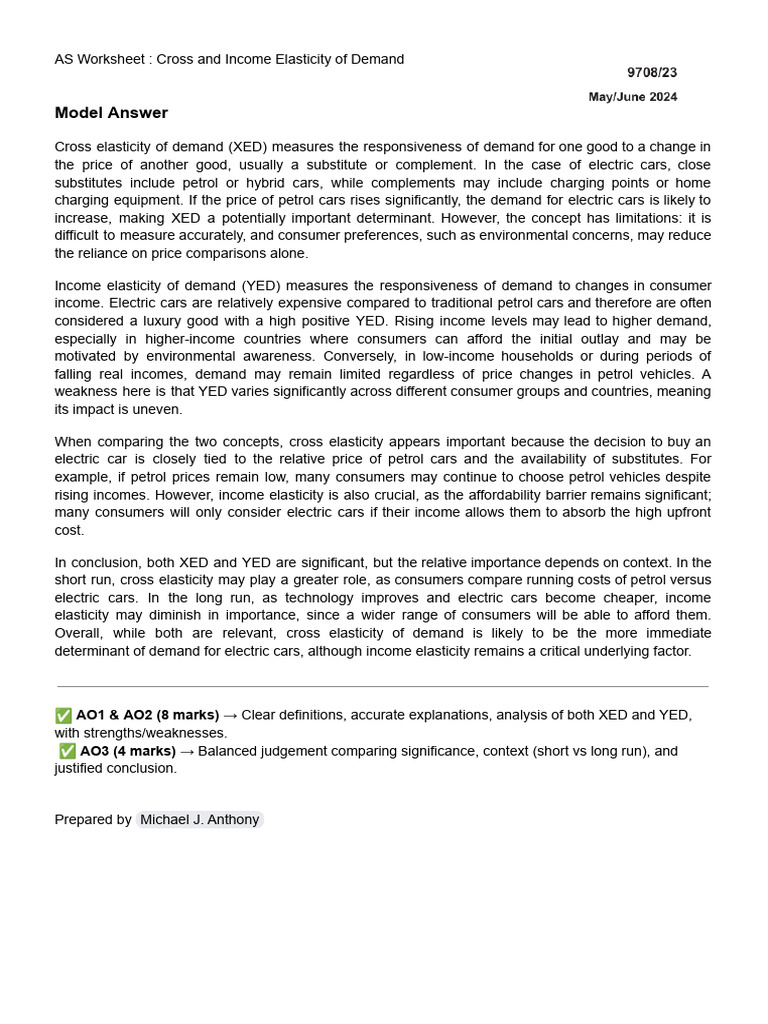 As Work Sheet - Cross and Income Elasticity - Model Answer | PDF ...