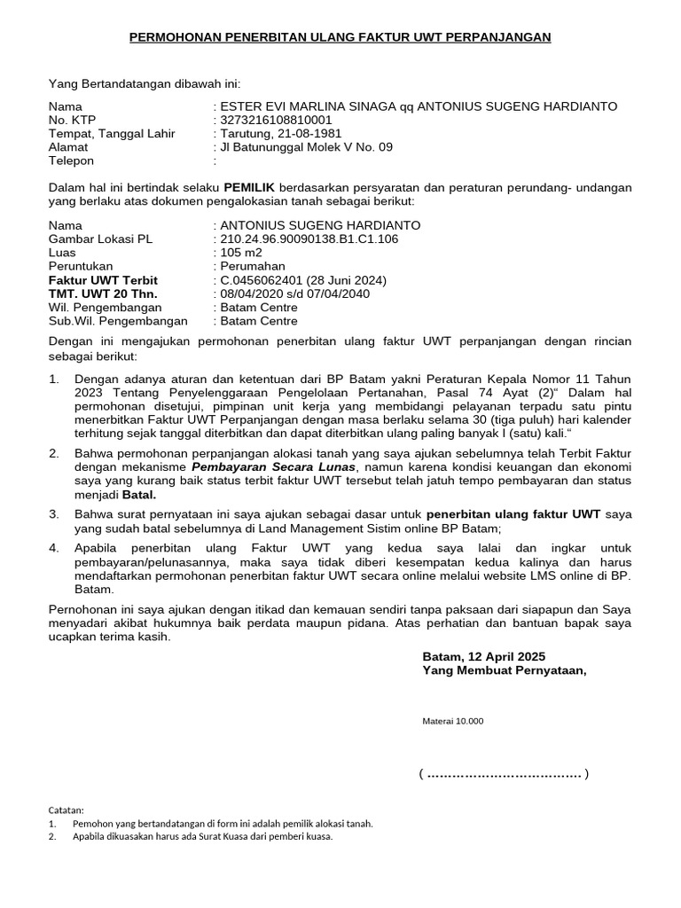 Permohonan Penerbitan Ulang Faktur Uwt Perpanjangan-20240503 | PDF