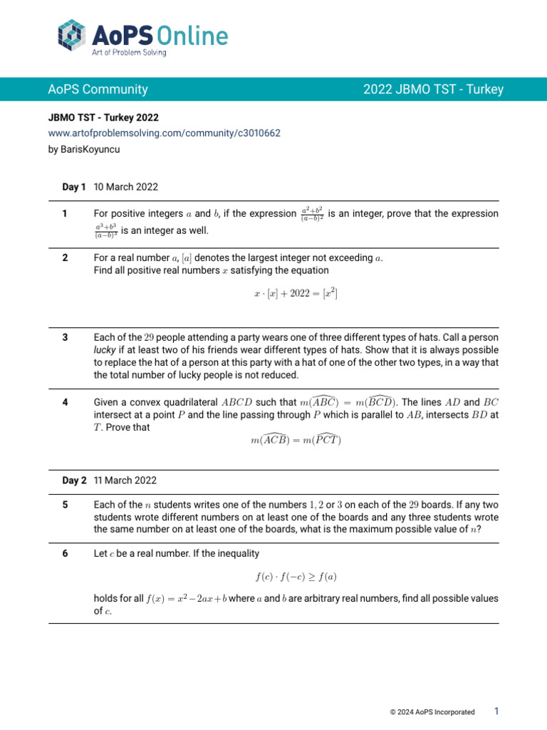 Aops Community 2022 Jbmo TST - Turkey | PDF | Mathematical Analysis ...