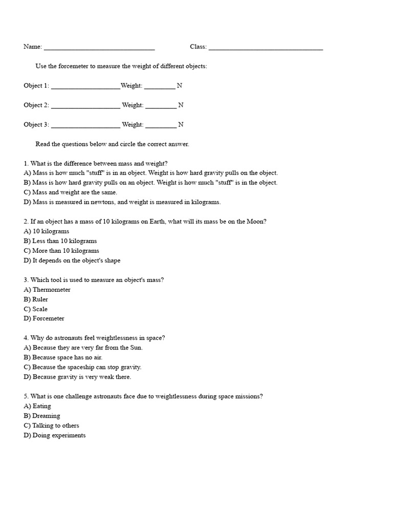 5.1 Mass and Weight Worksheet 3 | PDF
