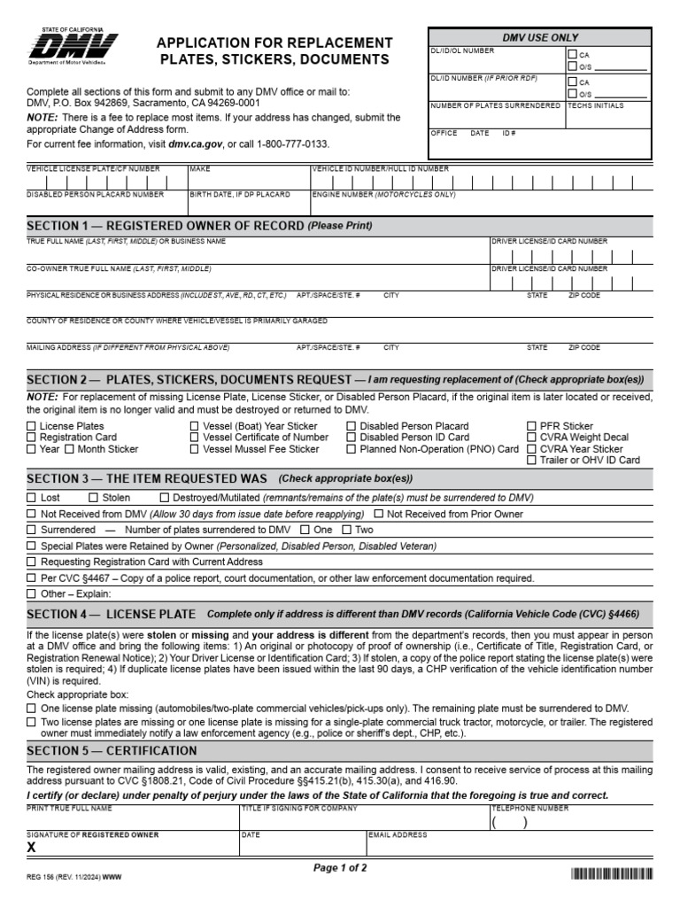 REG 156, Application For Replacement Plates, Stickers, Documents | PDF ...