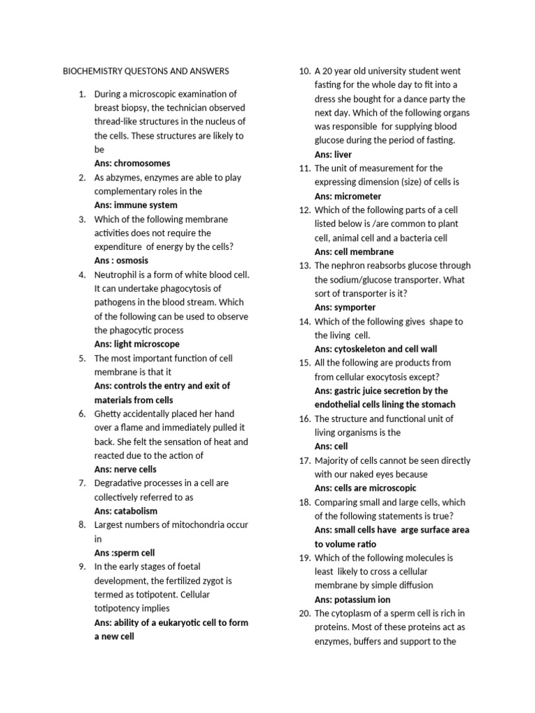 Biochemistry Questons and Answers-1 | PDF | Cell (Biology) | Enzyme