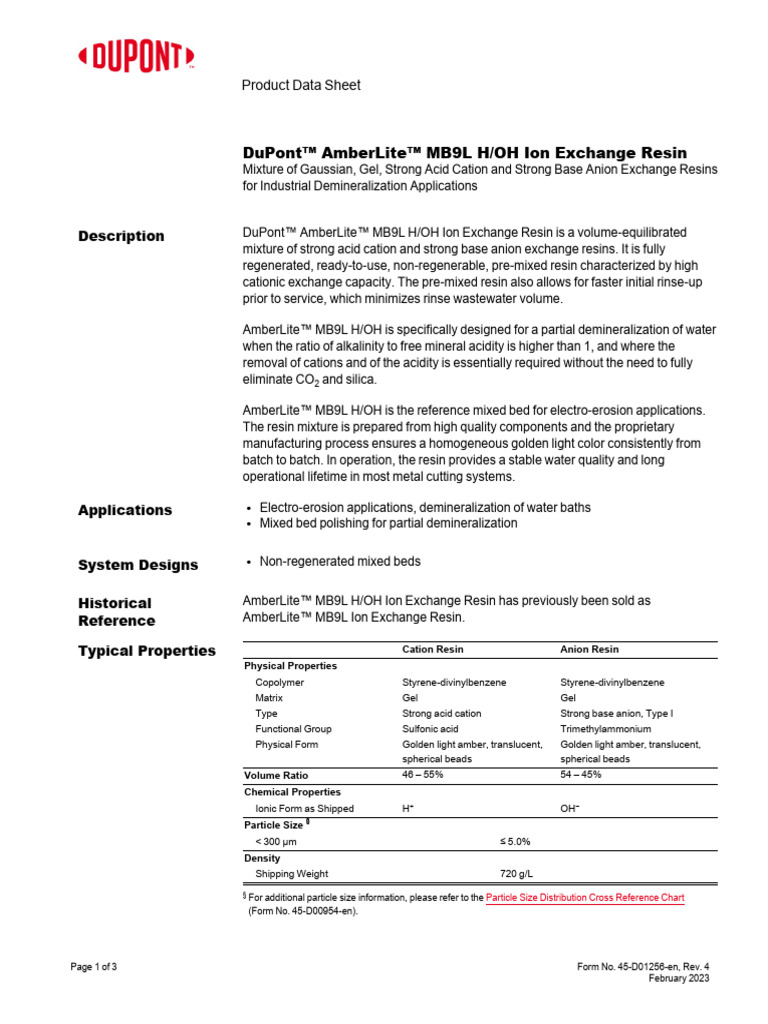 DuPont AmberLite MB9L Ion Exchange Resin | PDF | Ion Exchange | Ion