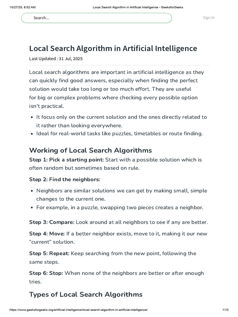 Local Search Algorithms in AI | PDF | Artificial Intelligence ...
