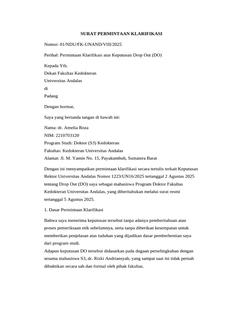 P-11-Ss Surat Permintaan Klarifikasi Penggugat Ke Fakultas | PDF