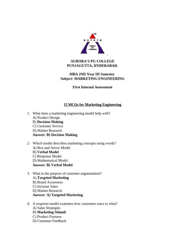 Marketing Engineering MCQs for MBA | PDF | Marketing | Brand