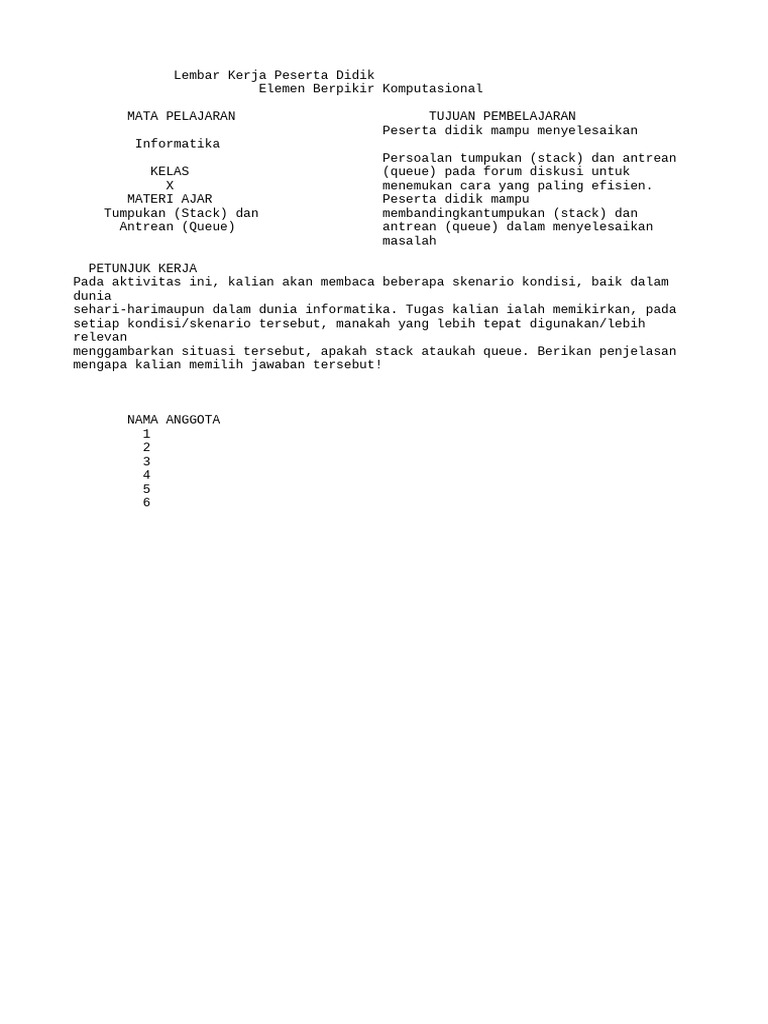 Lembar Kerja Peserta Didik Stack Dan Queue | PDF