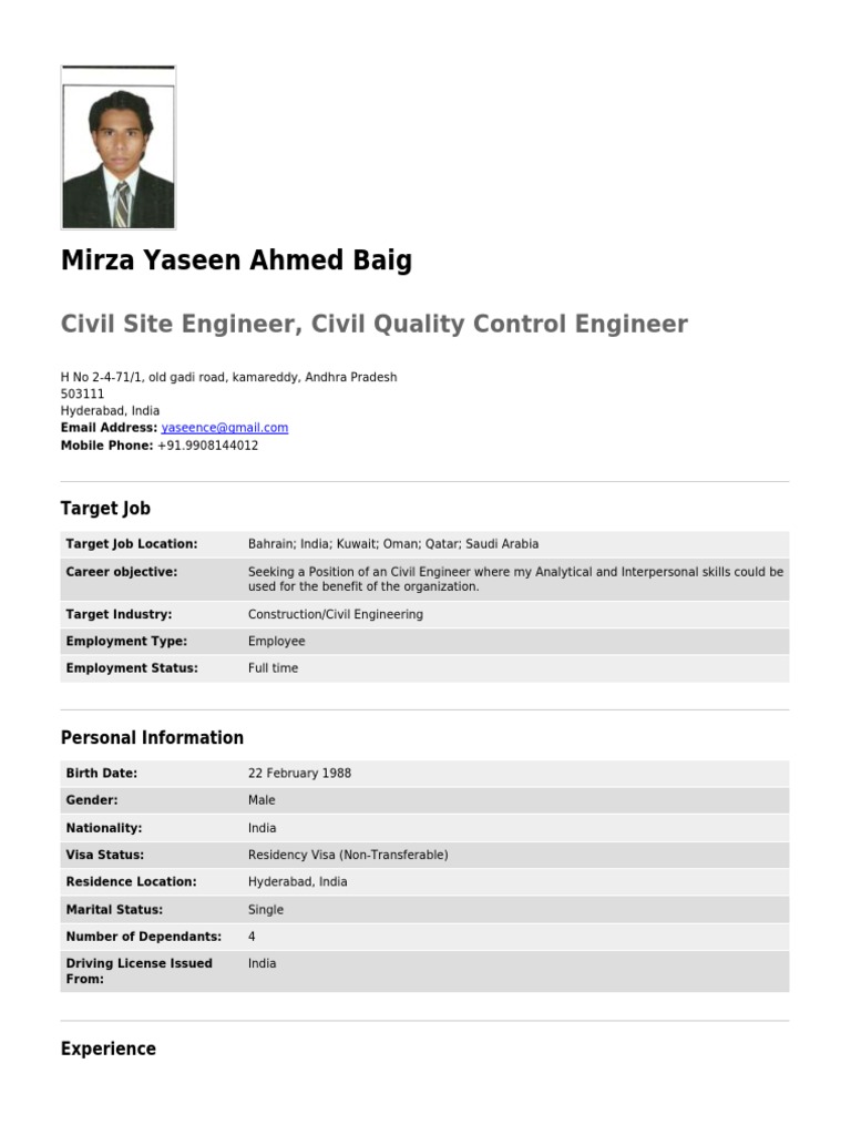 CV Civil Engineer | PDF | Engineer | Construction Aggregate
