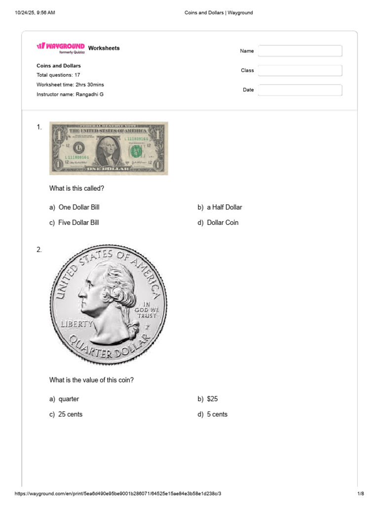 Quizizz Coins Worksheet | PDF | Dollar | Coins