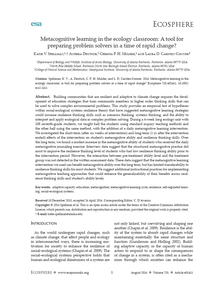 Ecosphere - 2016 - Spellman - Metacognitive Learning in the Ecology ...