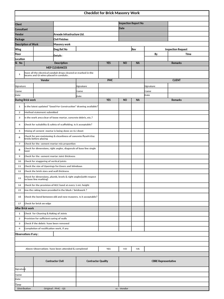 Checklist For Brick Masonry Work | PDF | Brick | Masonry