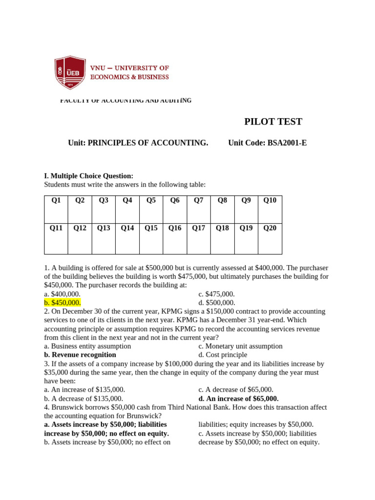 Accounting Principles Pilot Test Questions | PDF | Debits And Credits ...