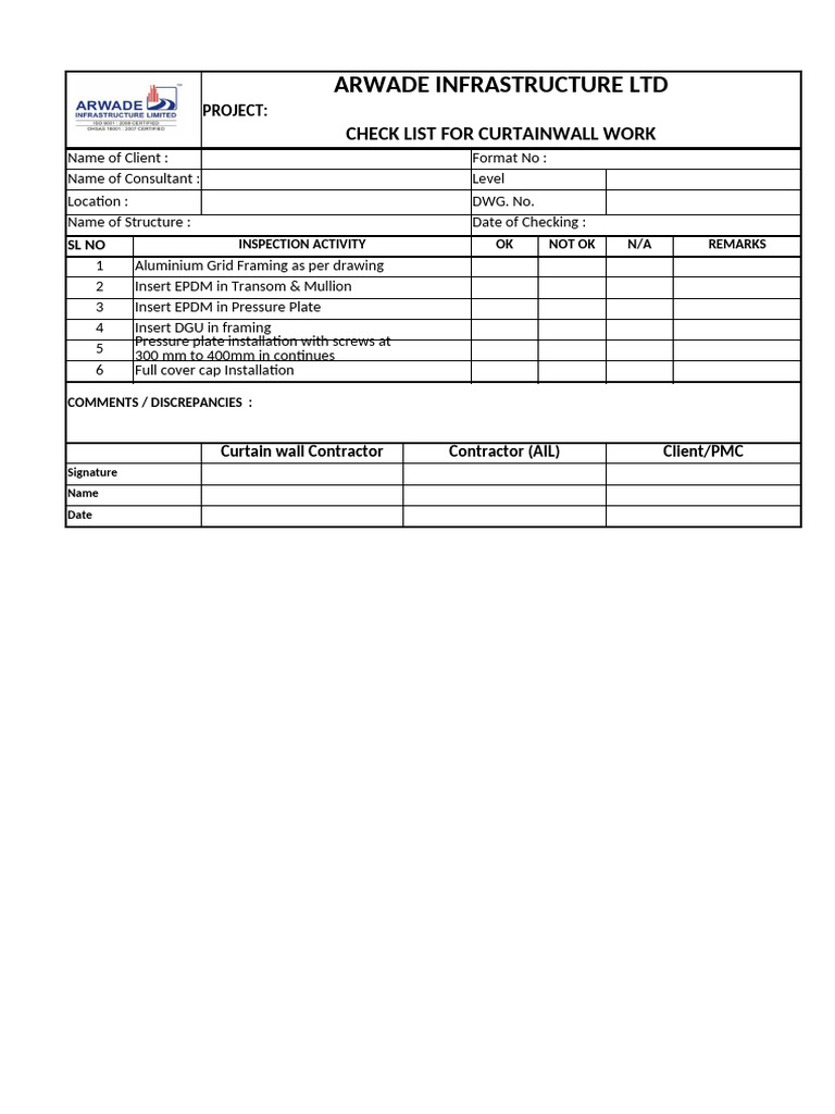 Checklist For Curtain Wall Work | PDF