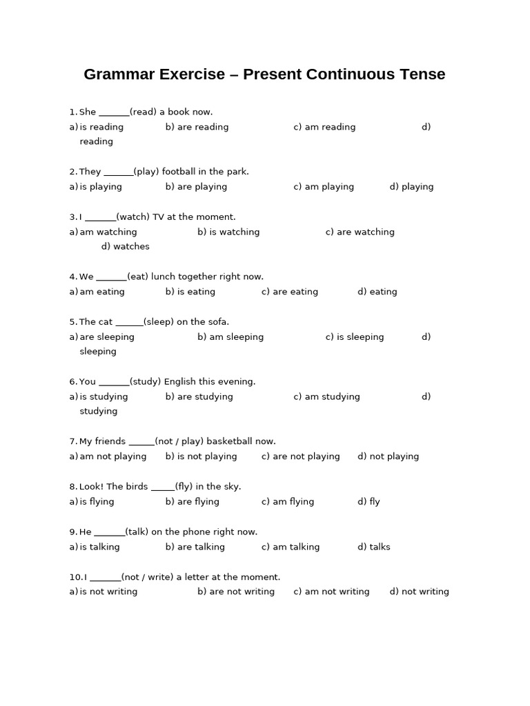 Present Continuous Tense Exercises | PDF