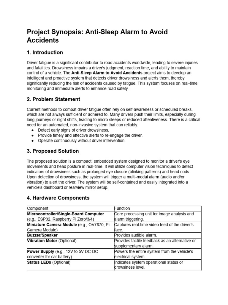 Create Project Synopsis - Anti-Sleep Alarm To Avoid... | PDF | Computer ...