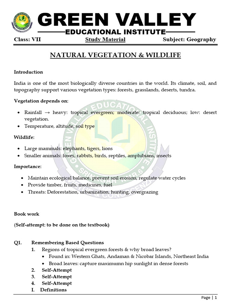 Class VII Geography (Natural Vegetation and Wildlife) | PDF | Forests ...