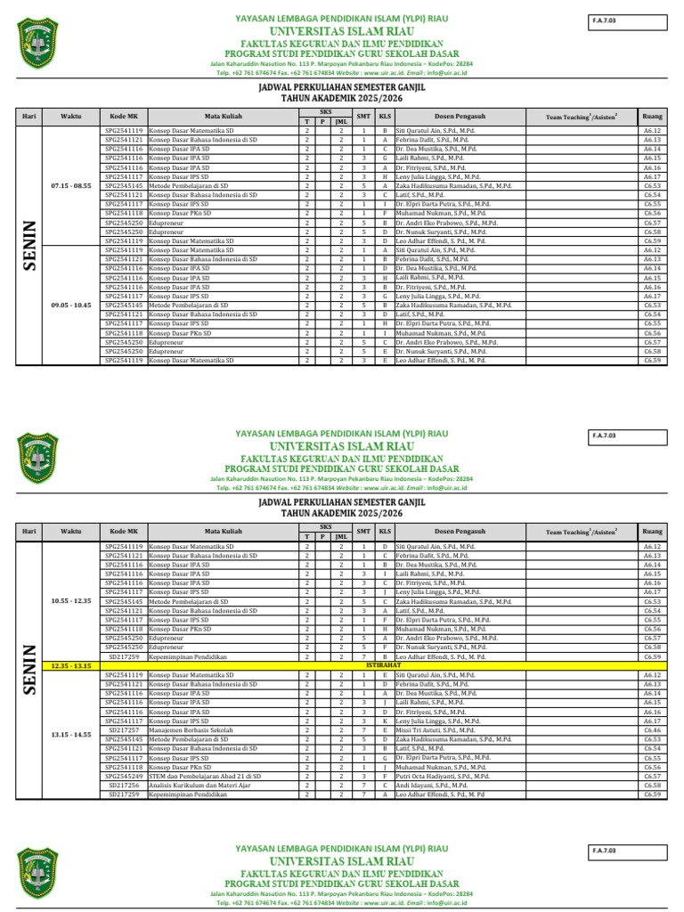 Jadwal Pgsd Ganjil 2025-2026 | PDF