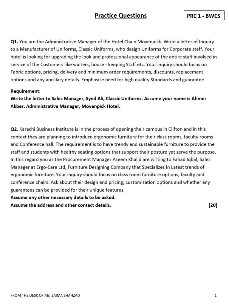 Practice Questions - PRC 1 BWCS | PDF