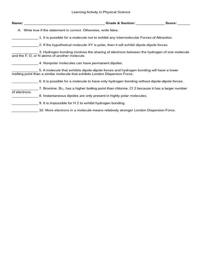 Physical Science Learning Activity Quiz | PDF