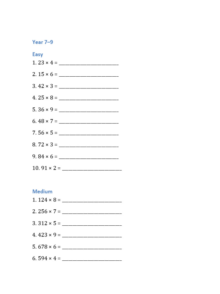 Multiplication - Worksheet - Year7-8 Set 2 | PDF
