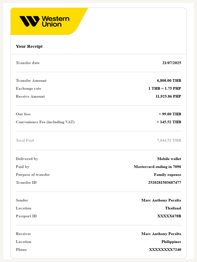 Transfer Receipt: 6,800 THB to PHP | PDF